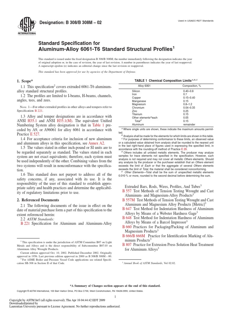 ASTM B308 - 6061-T6 | Specification (Technical Standard) | Alloy