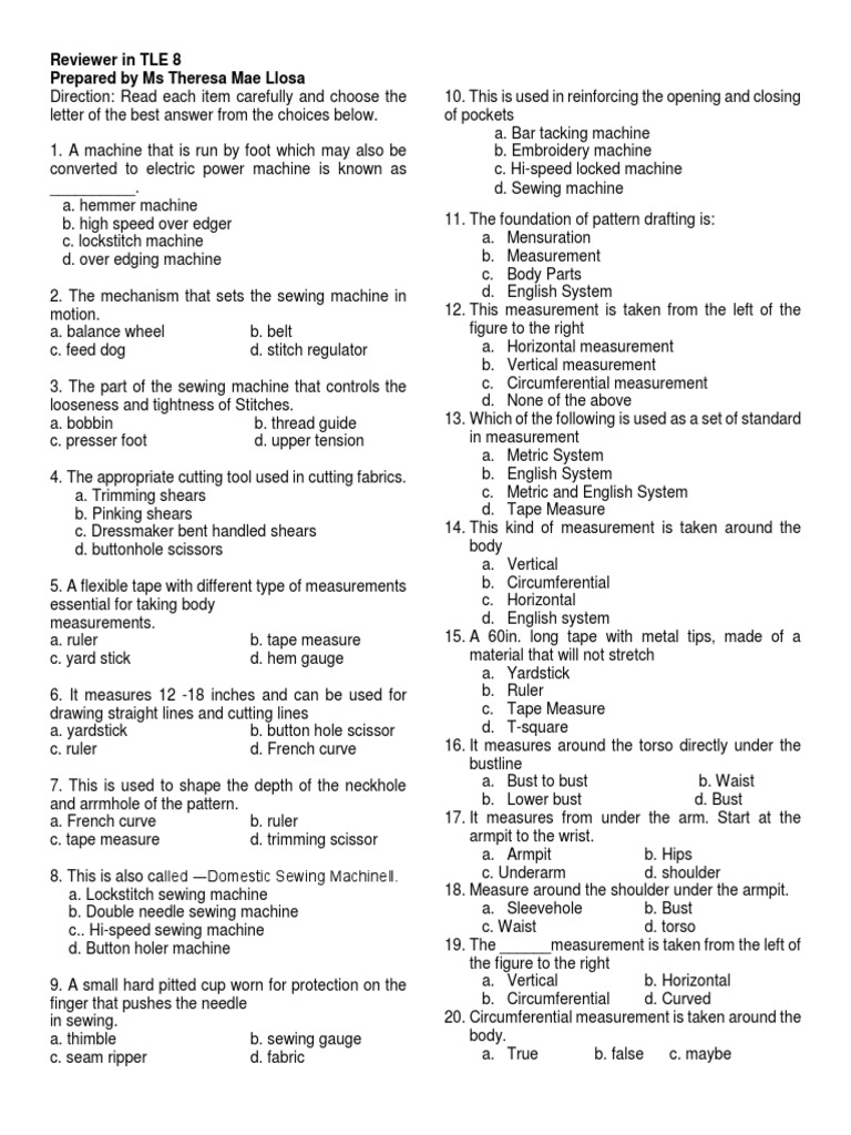 Tle 8 Test | PDF | Sewing Machine | Sewing