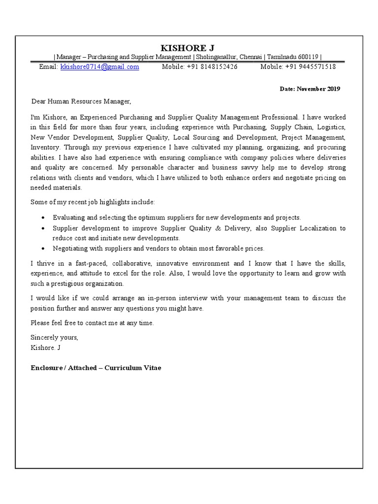 Kishore - Cover Letter | PDF