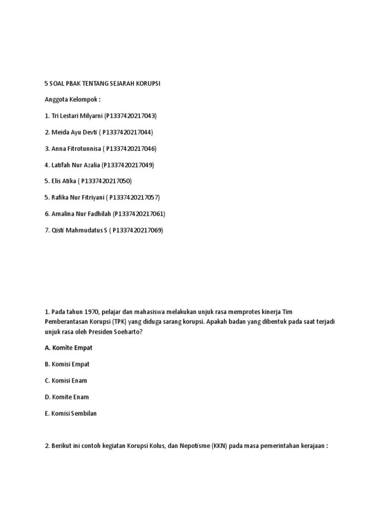 5 Soal Pbak Sejarah Korupsi | PDF
