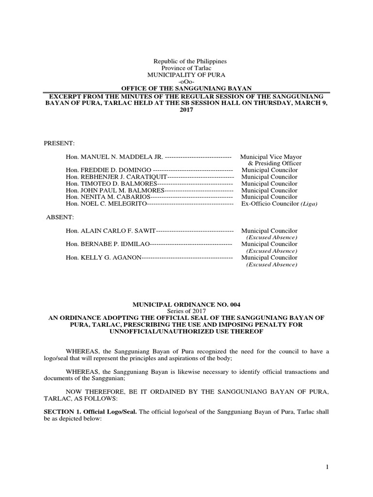 Pura Tarlac Official Seal Ordinance | PDF | Local Ordinance | Government
