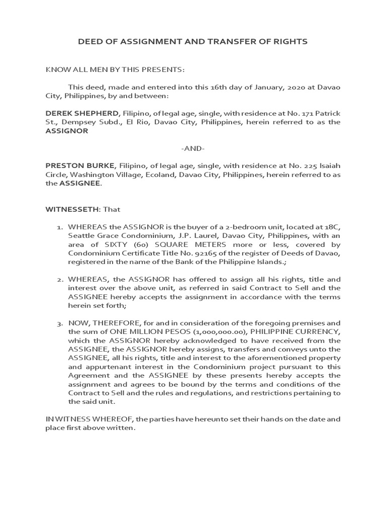 Deed of Assignment and Transfer of Rights | PDF | Assignment (Law ...