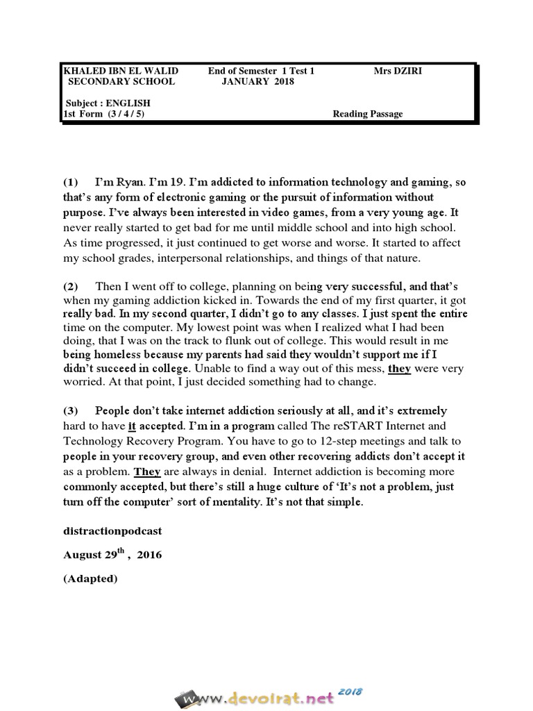 Devoir de Synthèse N°1 - Anglais - 1ère AS (2017-2018) Mme Besma Riabi Dziri | PDF | Video Games