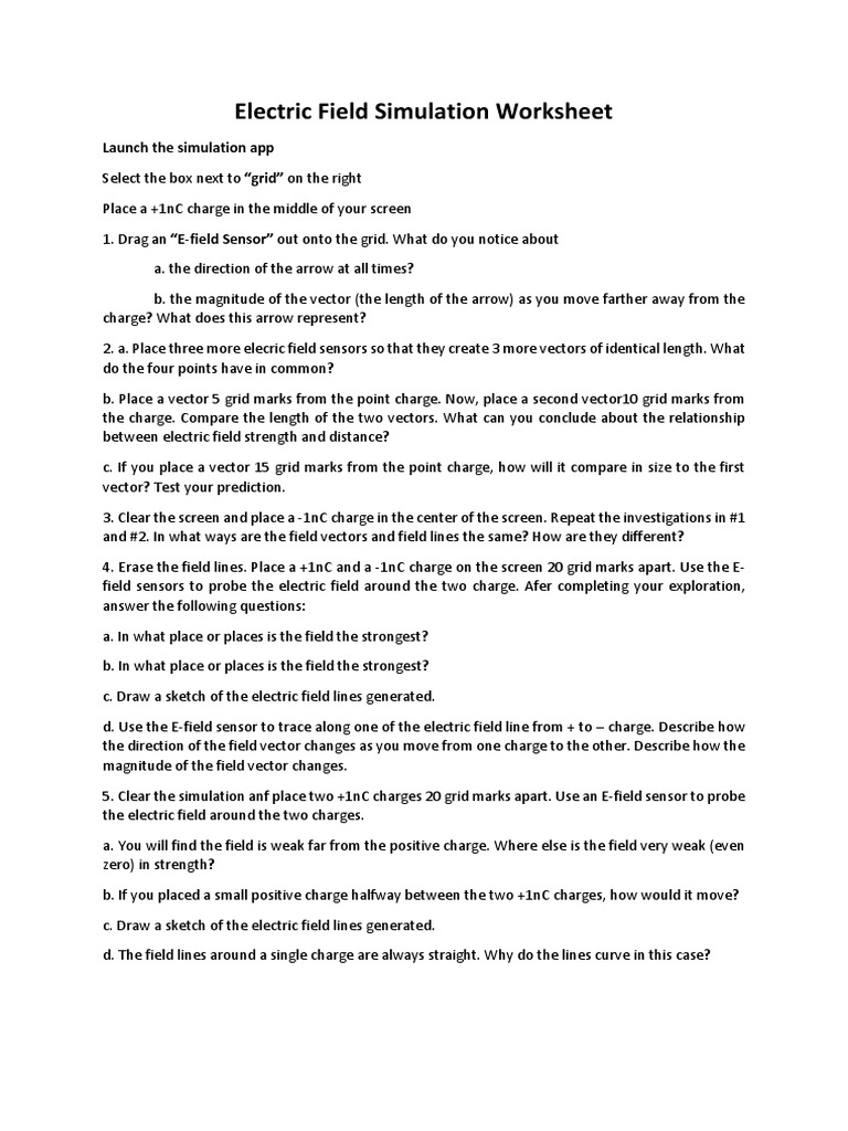 Electric Field Simulation Worksheet | PDF | Science & Mathematics