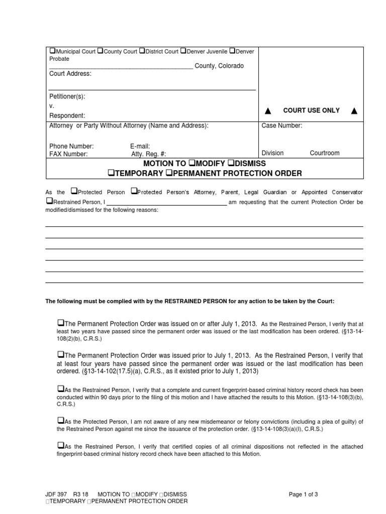 Motion To Modify Dismiss Temporary Permanent PO | PDF | Restraining Order | Service Of Process