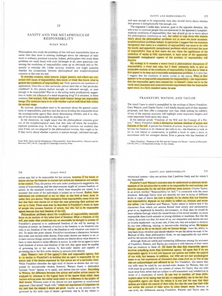 Susan Wolf: Sanity and The Metaphysics of Responsibility | PDF | Free ...