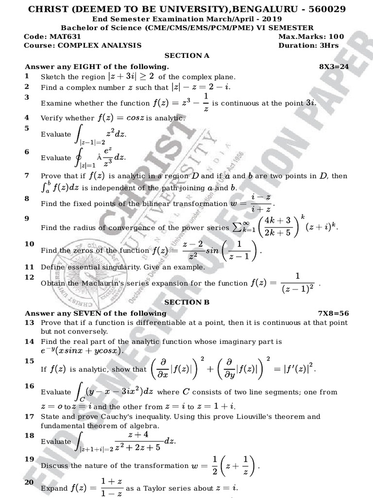 Complex Analysis Exam Covering Analytic Functions, Bilinear Transformations, Power Series ...