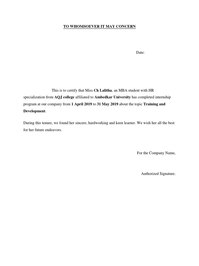 Internship Certificate Format For MBA HR | PDF