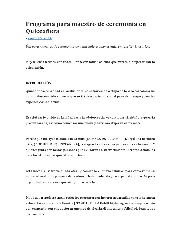 Programa para Maestro de Ceremonia en Quiceañera | PDF