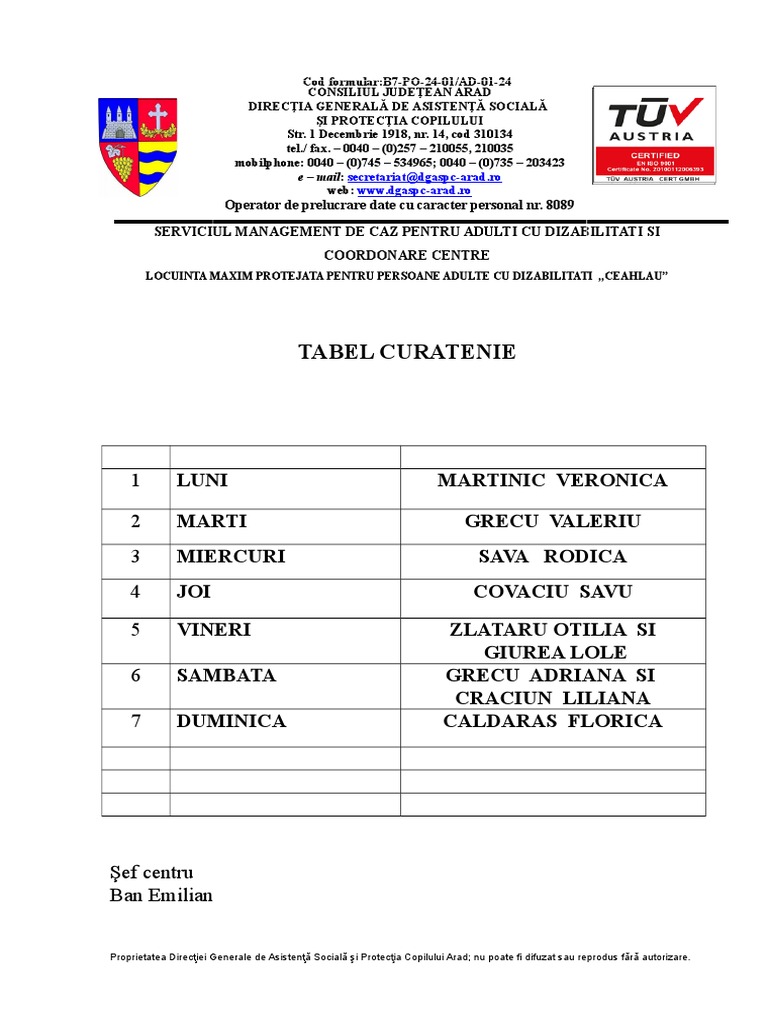 Tabel Curatenie 2020 | PDF