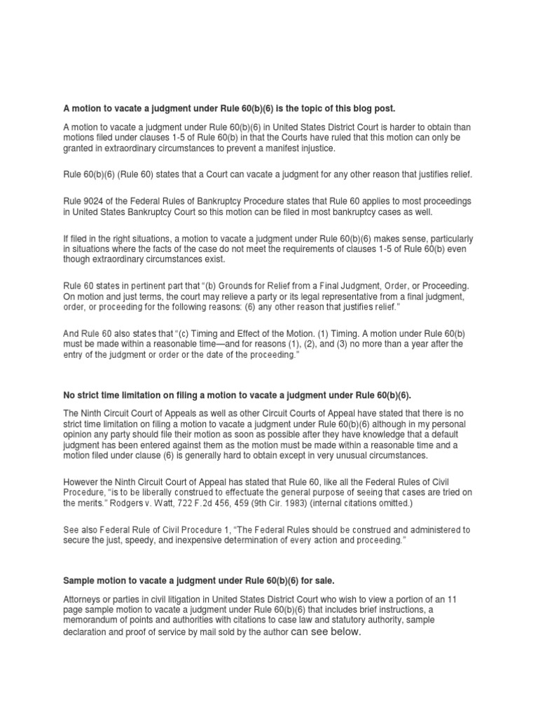 A Motion To Vacate A Judgment Under Rule 60 | PDF | United States Court ...