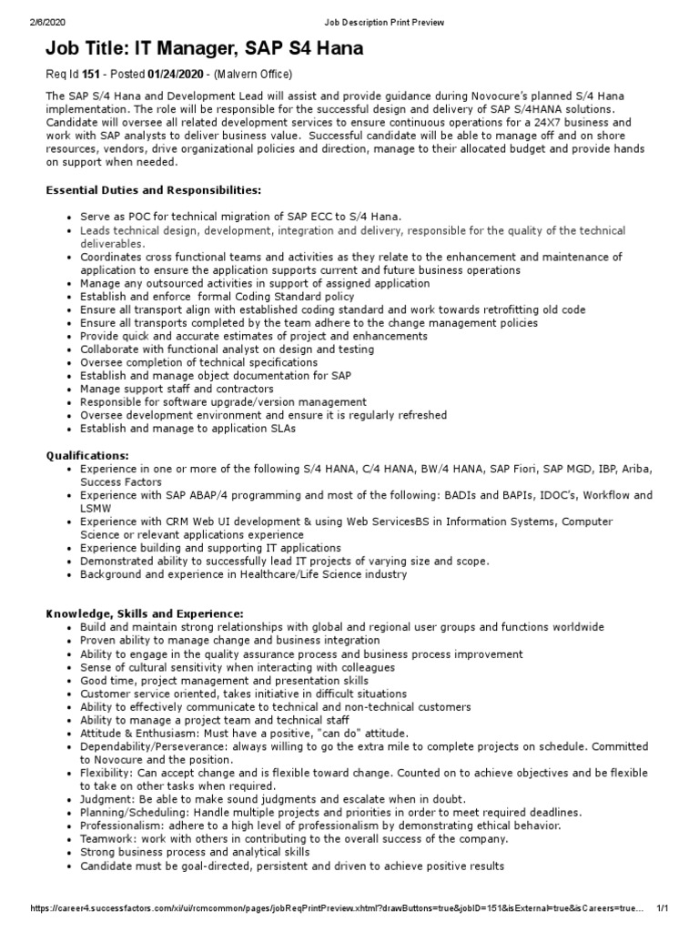 Job Description Print Preview | PDF | Business Process | Sap Se