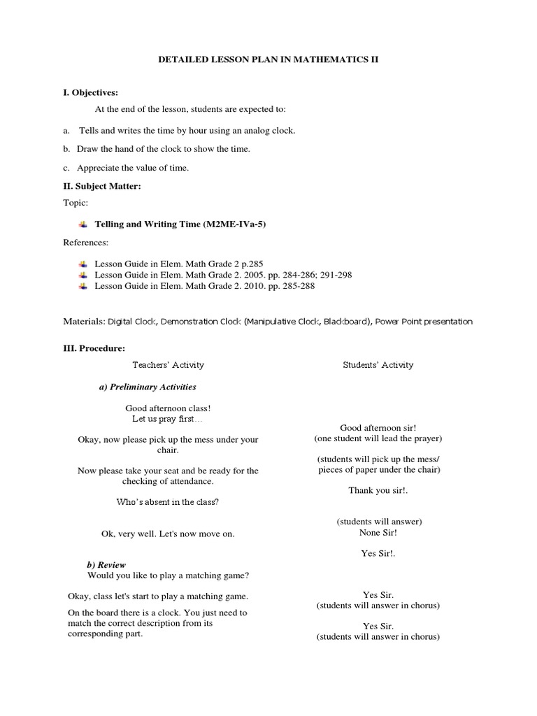 COT2 Detailed Lesson Plan | PDF | Clock | Lesson Plan