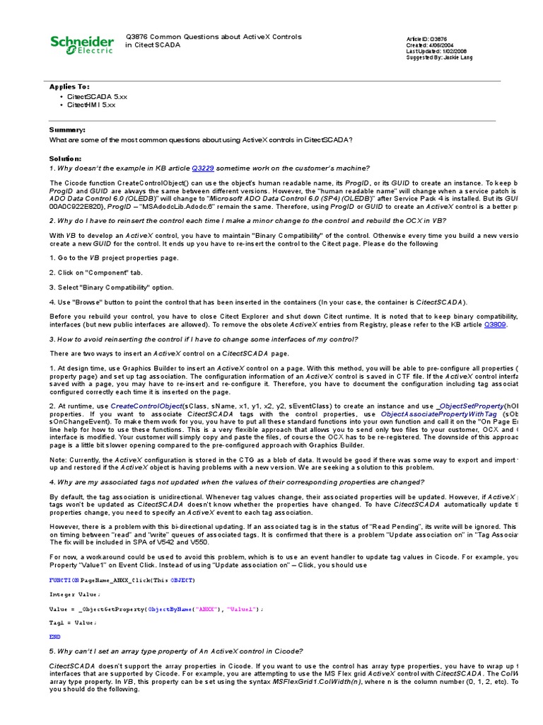 Q3876 Common Questions About ActiveX Controls in CitectSCADA | PDF | Parameter (Computer ...