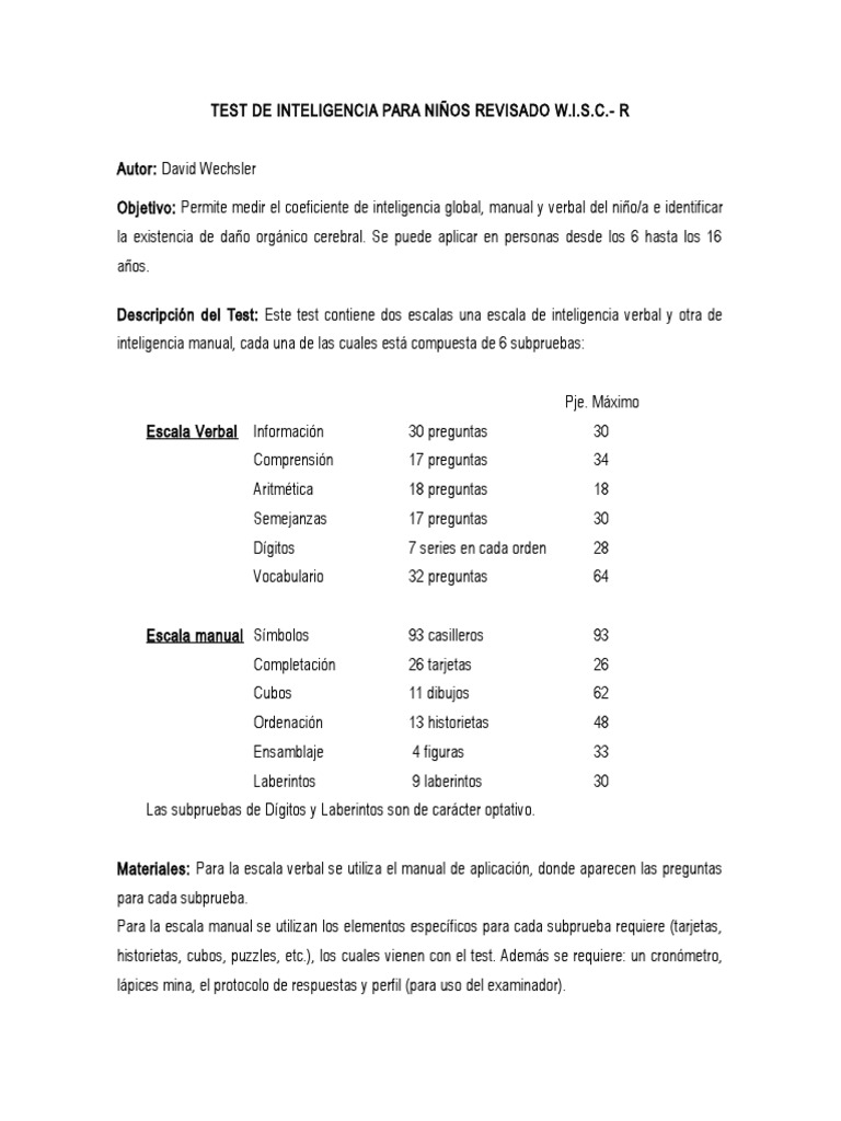 Wisc Iii R | PDF | Cociente de inteligencia | Inteligencia