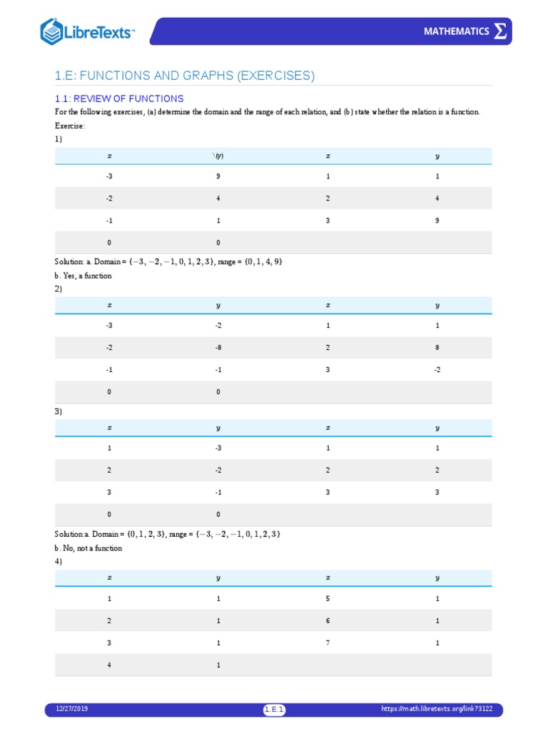 01.E Functions and Graphs (Exercises) | PDF | Angle | Sine