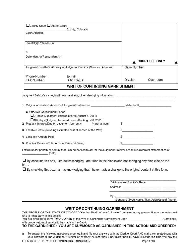 Form 26 Writ of Continuing Garnishment | PDF | Garnishment | Judgment (Law)