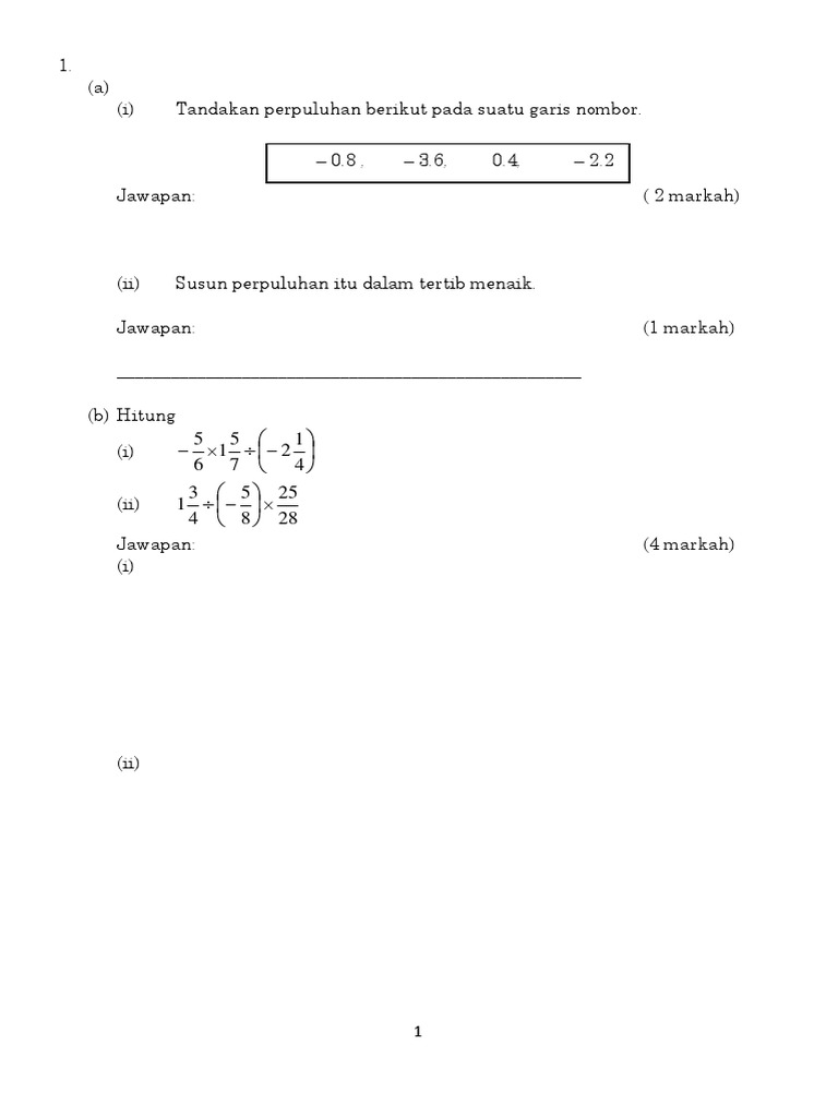 Contoh Soalan Matematik Tingkatan Satu | PDF