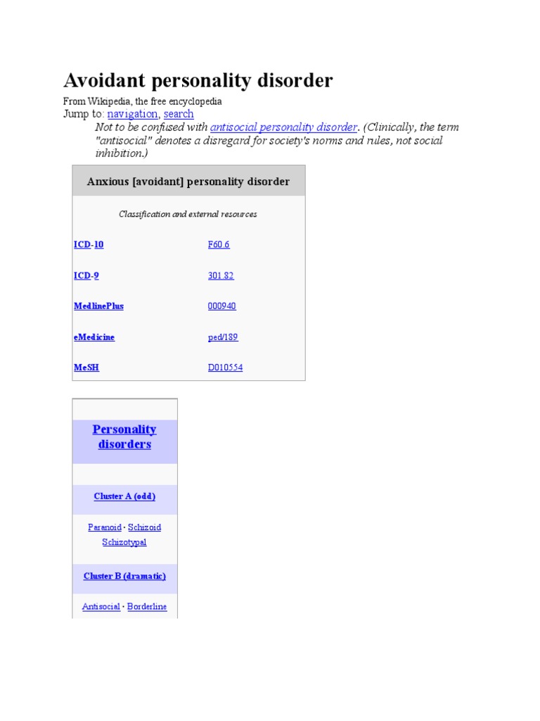 Avoidant Personality Disorder | PDF | Personality Disorder | Social ...