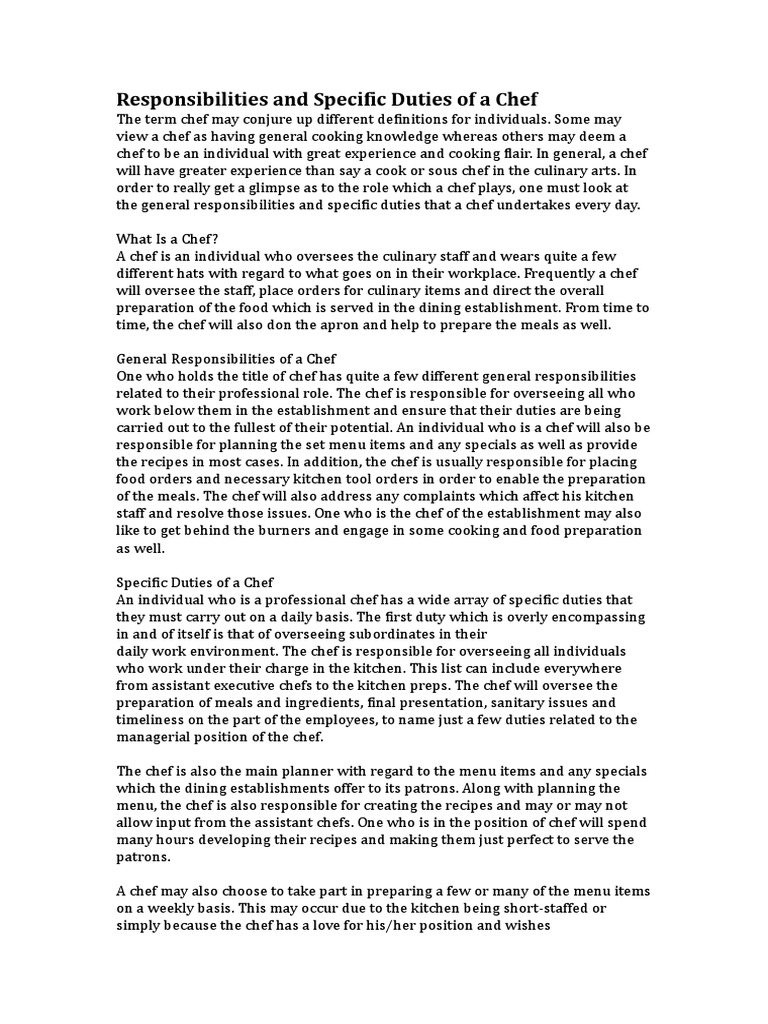 Responsibilities and Specific Duties of A Chef | PDF | Chef | Restaurants