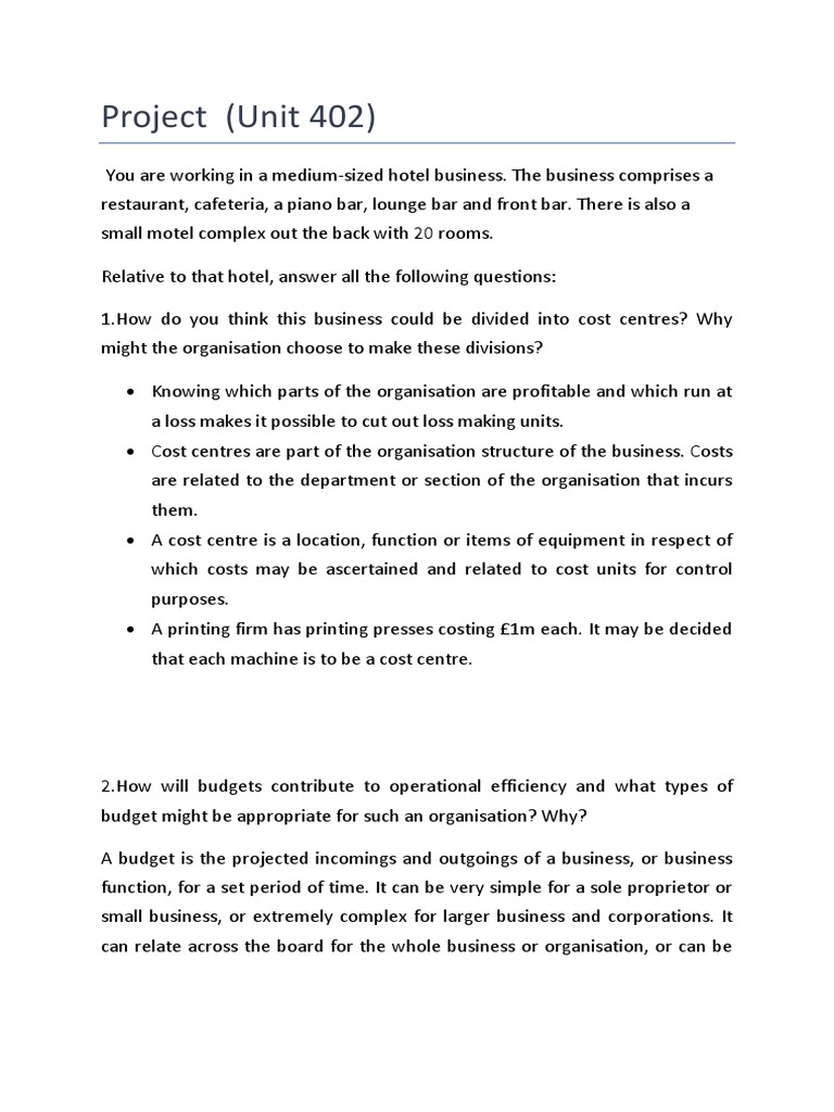 Budgeting and Financial Reporting for a Medium-Sized Hotel Business ...