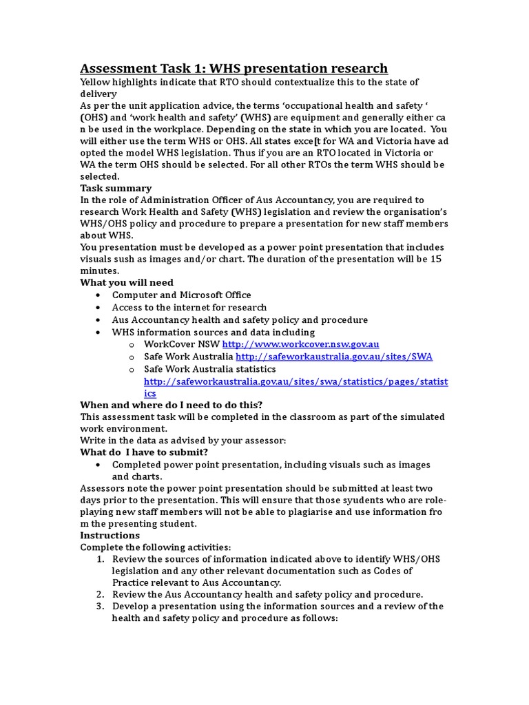 WHS Presentation Task Overview | PDF | Occupational Safety And Health ...