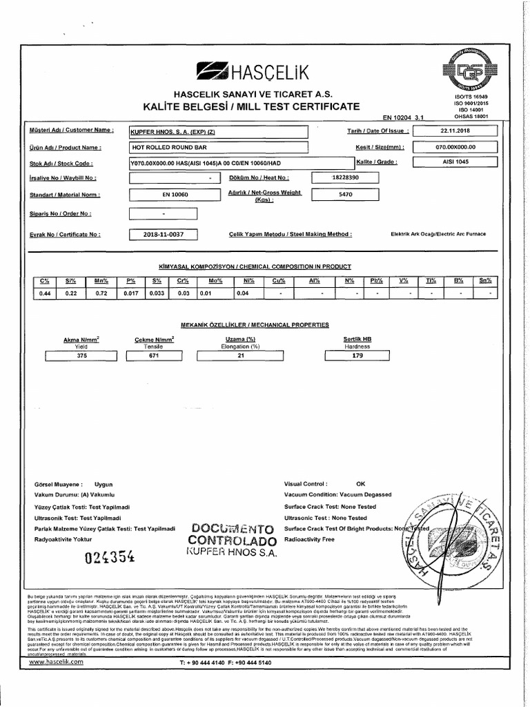 Mill Test Certificate | PDF