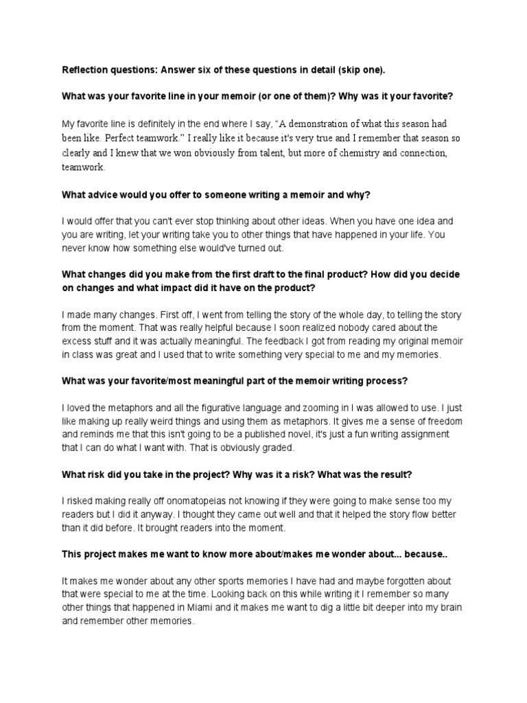 Eng9 Memoir Reflection Questions | PDF