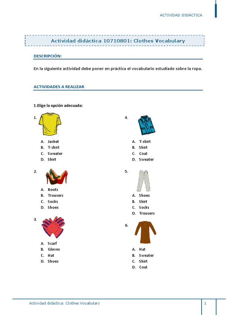 Ejercicios de Vocabulario de Ropa | PDF | Ajedrez | Deportes