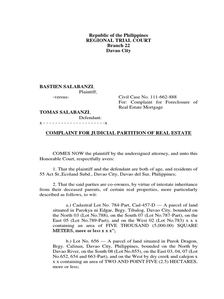 Complaint For Judicial Partition of Real Estate | PDF | Judiciaries ...