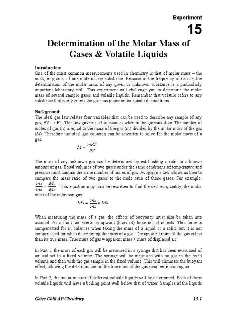 Ap Lab Manual 15 - Determination of The Molar Mass of Gases | PDF ...