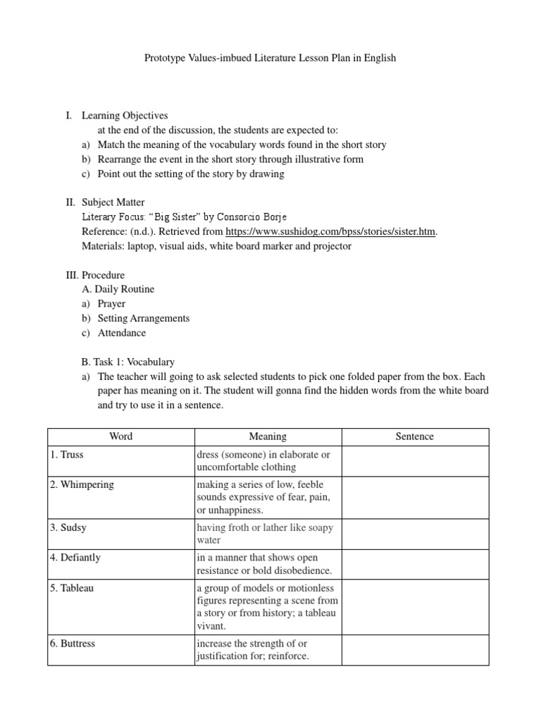 Literature Lesson Plan: "Big Sister" | PDF | Cognition | Psychological ...