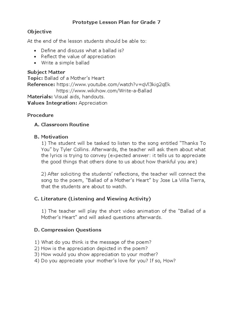 Appreciation Lesson Plan | PDF | Ballad | Poetry