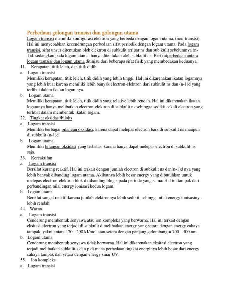 Perbandingan Logam Transisi dan Utama | PDF