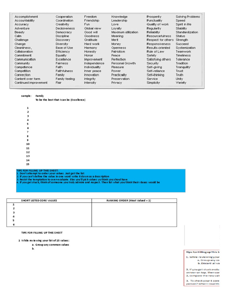 Core Values Worksheet | PDF