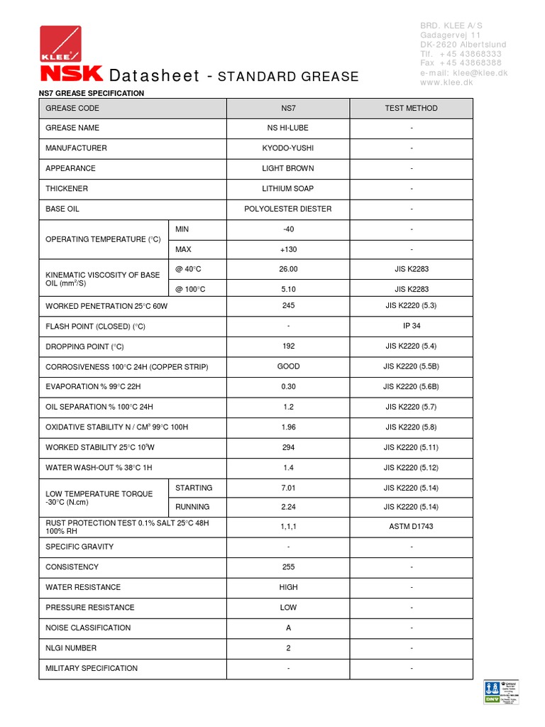 KLEE A/S NS7 grease datasheet | PDF | Mechanical Engineering | Liquids