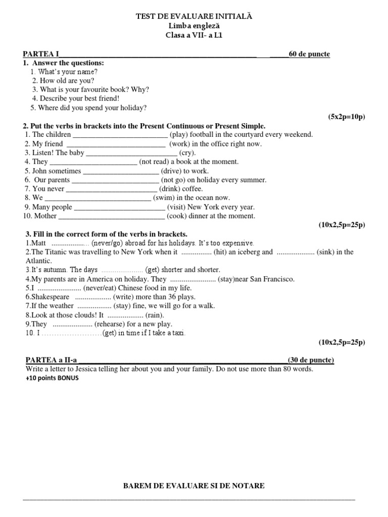 Test de Evaluare Initiala 7b | PDF | Languages | Language Arts & Discipline