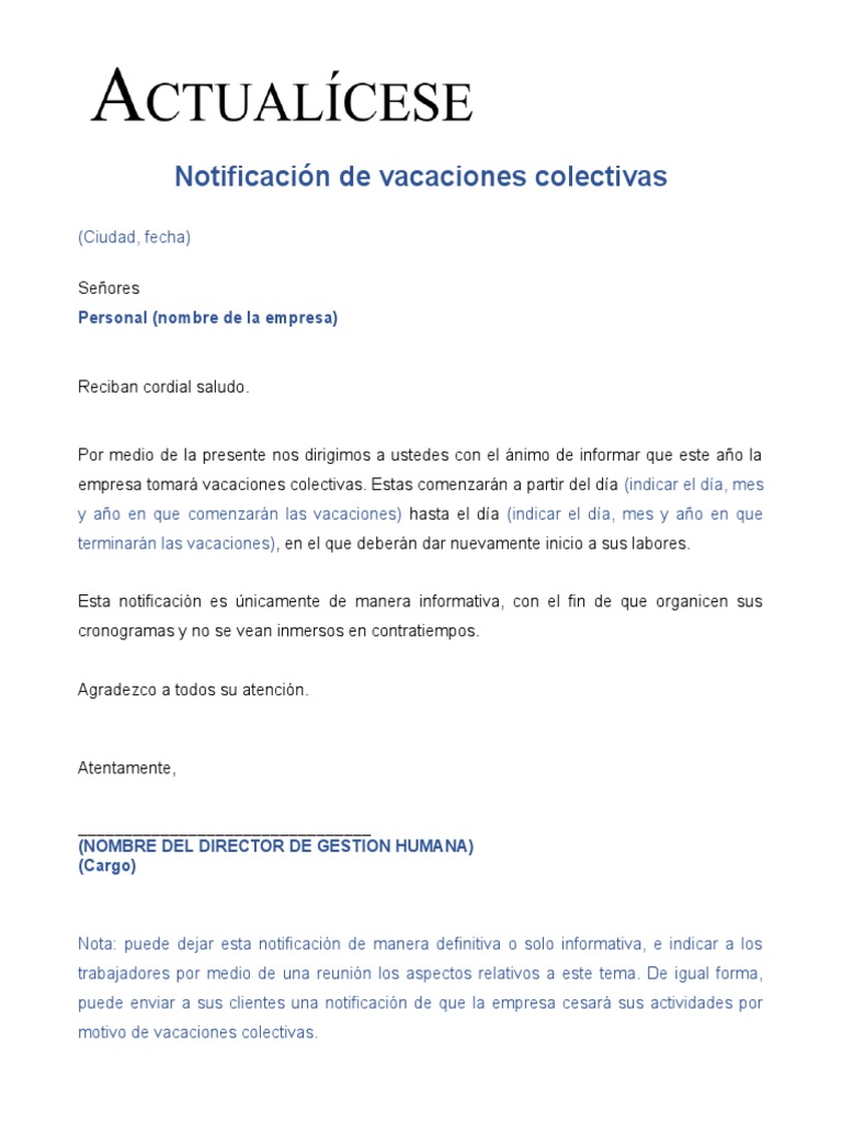 Notificacion Vacaciones Colectivas | PDF
