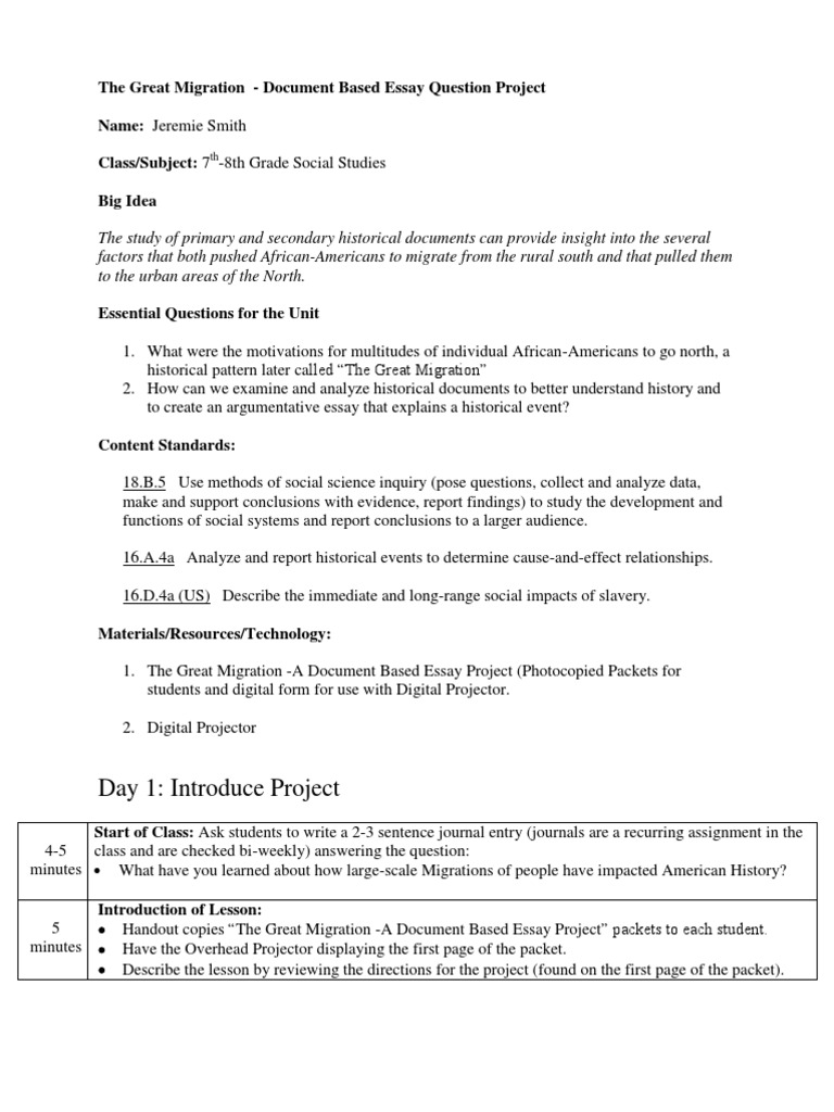 The Great Migration - DBQ Lesson Plan | PDF | Essays | Question