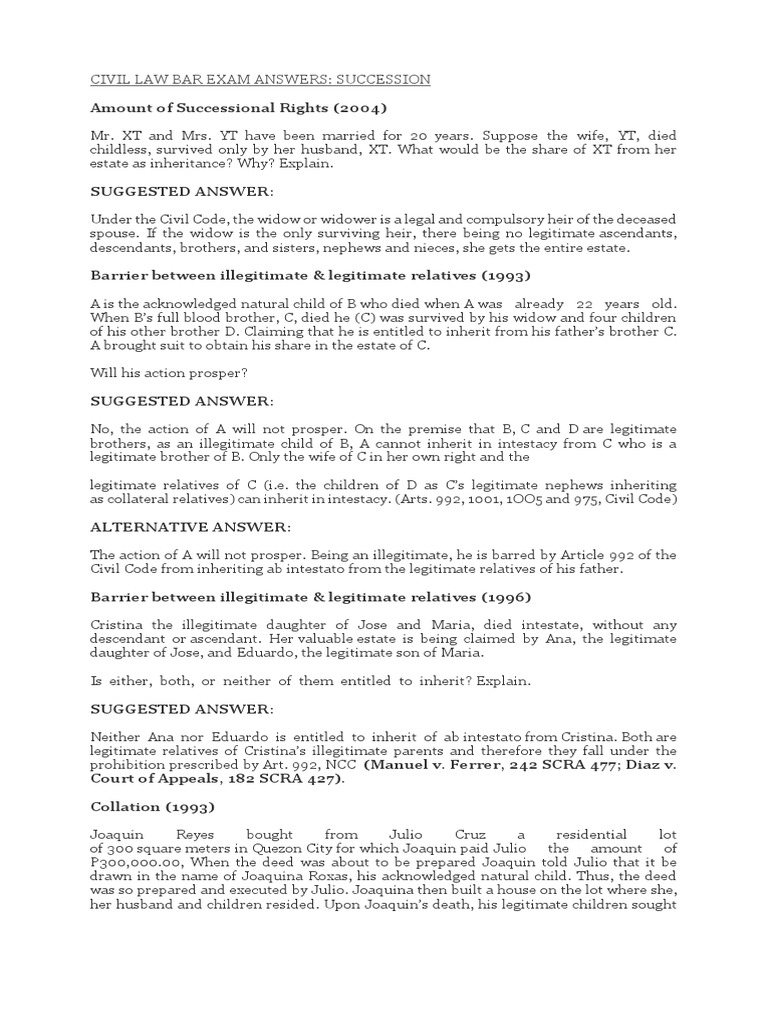 Civil Law Bar Exam Answers - Succession - 2015 | PDF | Will And ...