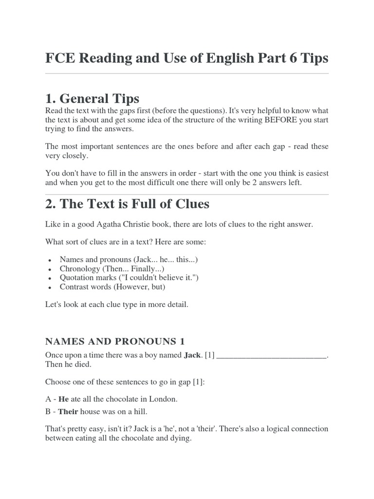 FCE Reading and Use of English Part 6 Tips | PDF | Grammar | Linguistics