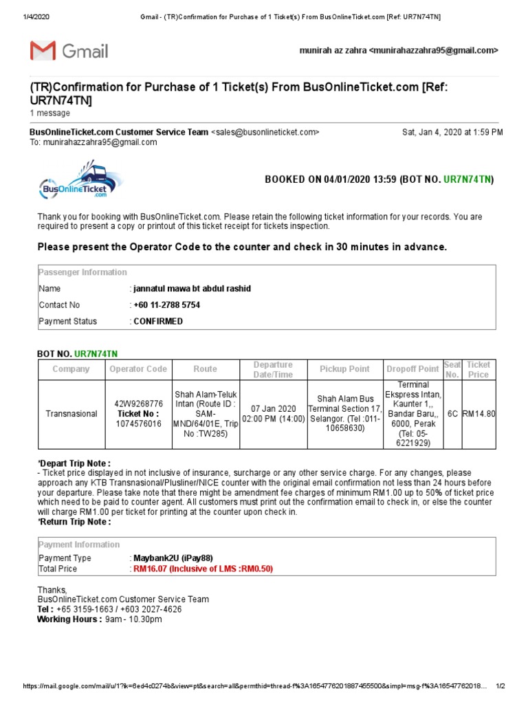 Gmail - (TR) Confirmation For Purchase of 1 Ticket(s) From ...