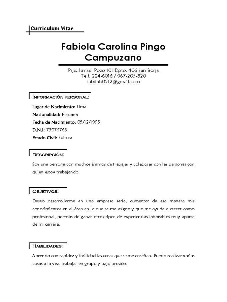 Curriculum Vitae - Fabiola Carolina Pingo Campuzano | PDF