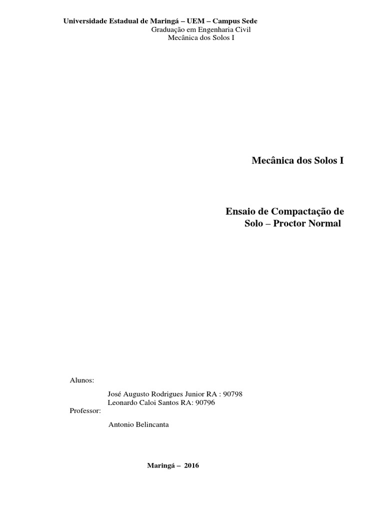 Relatório Ensaio de Compactação Proctor Normal | PDF | Mecânica dos ...