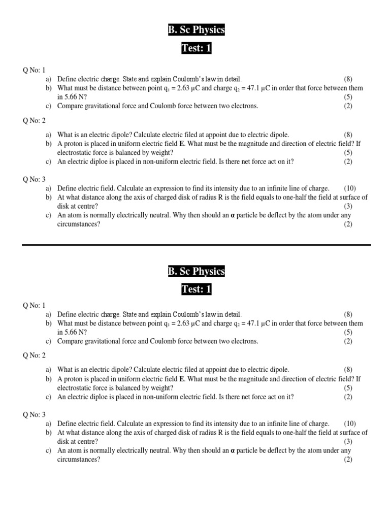 BSC Physics Test 1 | PDF | Electric Field | Electric Charge
