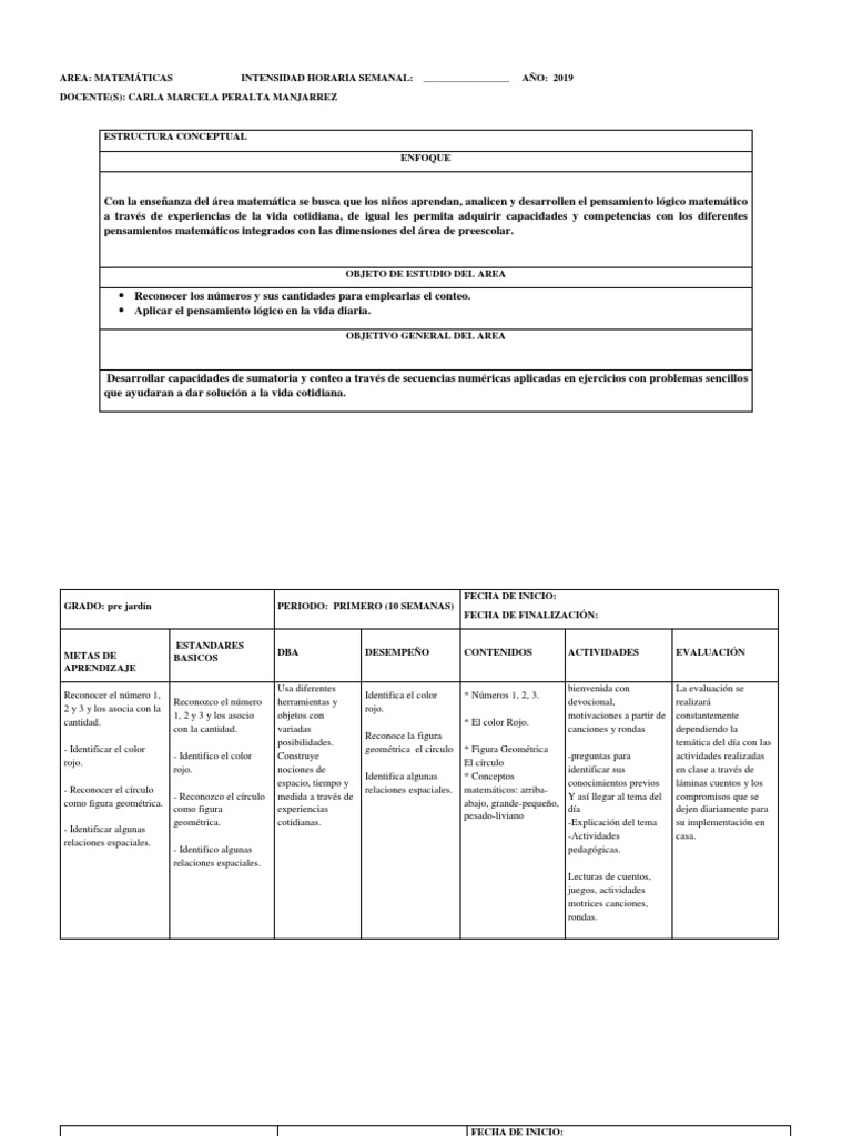 Plan de Area de Preescolar de Matematica | PDF | Educación de la ...