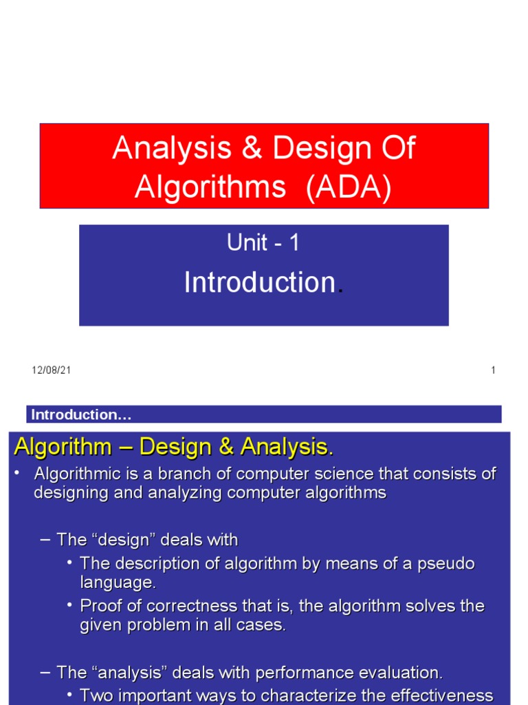 Analysis & Design of Algorithms (ADA) : Unit - 1 | Download Free PDF | Time Complexity | Logarithm