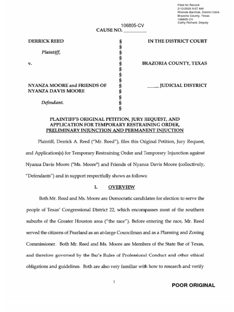 Derrick Reed Petition and Injunction Application | PDF