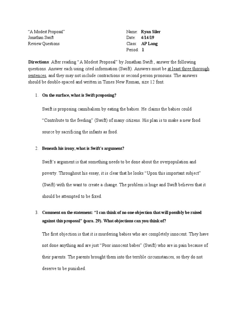 "A Modest Proposal" Questions - Ryan Siler | PDF