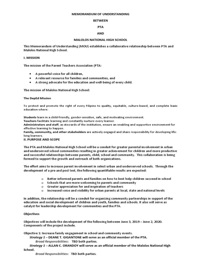 MEMORANDUM OF UNDERSTANDING School To Pta | PDF | Learning | Business